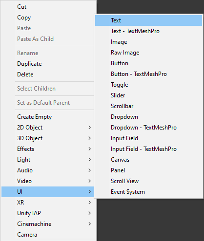 Unity가 새 UI 텍스트를 생성합니다.