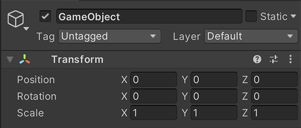 인스펙터 뷰의 Unity Transform 컴포넌트.