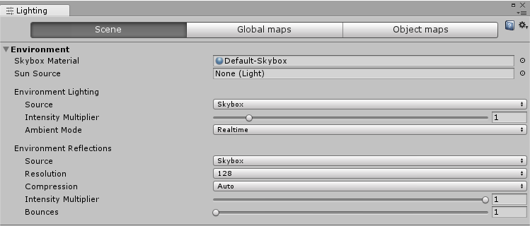 Unity 렌더 설정 창 환경 탭.