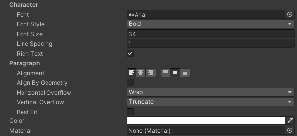 Unity 텍스트 구성 요소 검사기 Arial Bold 글꼴 크기 34
